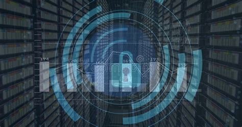 Image Of Scope Scanning With Padlock Icon Over Graph And Server Room