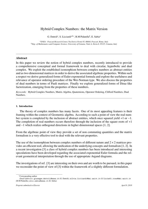 PDF Hybrid Complex Numbers The Matrix Version