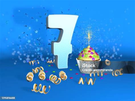 7 생일 또는 블루 배경에 노란색 스트리머와 흰색에 큰 숫자와 기념일 컵 케이크 3d 일러스트레이션 0명에 대한 스톡 사진 및 기타 이미지 Istock