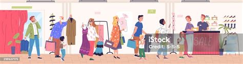 옷가게 줄 패션 상점 아메리칸 몰 쇼핑객 대기 공급 업체 판매원 부티크 구매 고급 벡터 일러스트 레이 션에서 계산대 카운터에 서있는 고객 계산대에 대한 스톡 벡터 아트 및