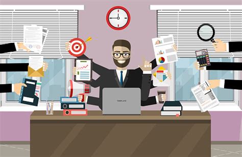 사무실 물건으로 손에 둘러싸인 사업가 멀티태스킹 및 시간 관리 개념 벡터 플랫 디자인 그림입니다 정사각형 레이아웃 개념에 대한 스톡 벡터 아트 및 기타 이미지 Istock