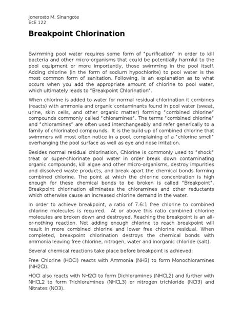 Breakpoint Chlorination Chlorine Chemical Elements