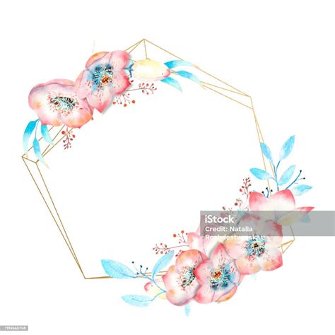 흰색 고립 된 배경에 금 색 프레임에 분홍색 지옥 꽃 인사말 카드 또는 초대장의 장식 수채화 구성 꽃 식물에 대한 스톡 벡터