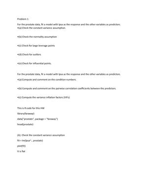 HW 7 This Is Applied Regression HW 1 Problem 1 10 Points Using