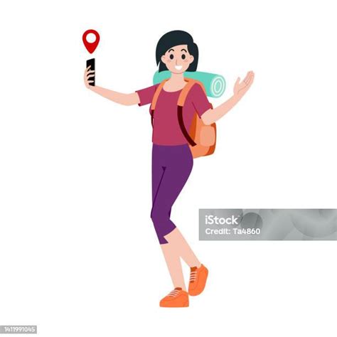 젊은 행복한 여자 관광 플랫 만화 캐릭터 여름 휴가 여행에서 여행하는 사람들 흰색 배경에 고립되어 있습니다 관광에 대한 스톡