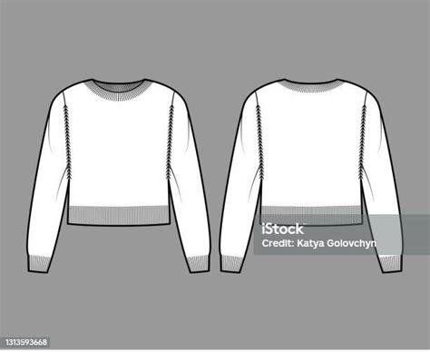 크루 넥 크롭 스웨터 테크니컬 패션 일러스트와 긴 소매 릴렉스 핏 허리 길이 니트 리브 트리밍 플랫 0명에 대한 스톡 벡터 아트 및 기타 이미지 Istock