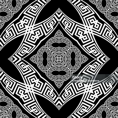 흑백 부족 민족 의 원활한 패턴 벡터 꽃 현대 배경 기하학적 그리스 어 키 꽃 모양 프랙탈 라인과 구형 장식 화려한 반복 대칭 디자인 0명에 대한 스톡 벡터 아트 및 기타
