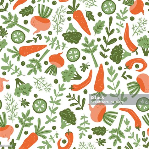 손으로 그린 다채로운 낙서 야채와 함께 완벽 한 패턴입니다 채식 식사입니다 야채 반복된 벡터 배경입니다 건강 한 레스토랑 메뉴입니다 가리기에 대한 스톡 벡터 아트 및 기타