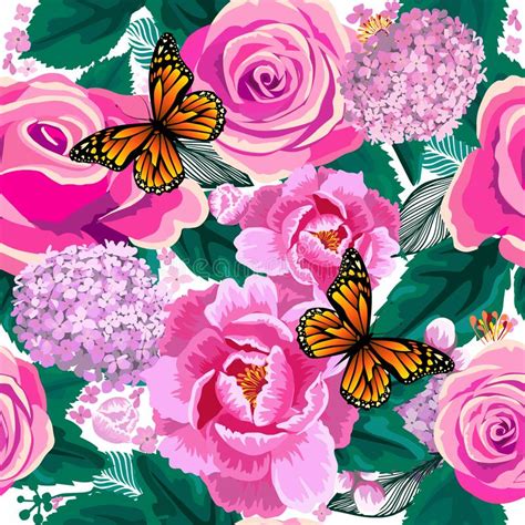 Pink Roses And Petals Seamless Pattern Vector Illustration Stock