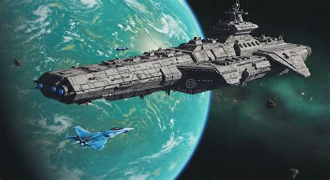 Futuristic Spaceship Flying Near Planet With Fighter Jet Escort Stock