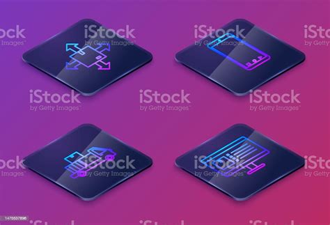 교통 기호가 있는 아이소메트릭 선 골판지 상자 골판지 상자가 있는 배달 트럭 앱 배달 추적 기능이 있는 휴대폰 및 컴퓨터 모니터를 설정합니다 파란색 사각형 버튼 벡터 3차원