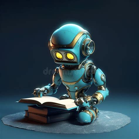 3d Rendering Of A Robot Reading A Book On A Blue Background Ai