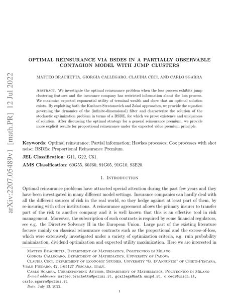 Pdf Optimal Reinsurance Via Bsdes In A Partially Observable Contagion Model With Jump Clusters