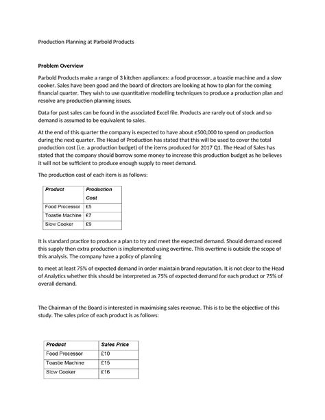 Parbold Products Production Planning And Analysis Report