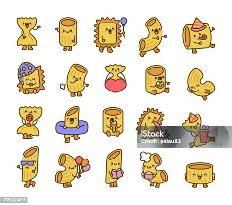 귀여운 마카로니 캐릭터 만화 파스타 제품 손으로 그린 스타일 벡터 그리기 디자인 요소 모음 가공의 인물에 대한 스톡 벡터 아트 및 기타 이미지 Istock