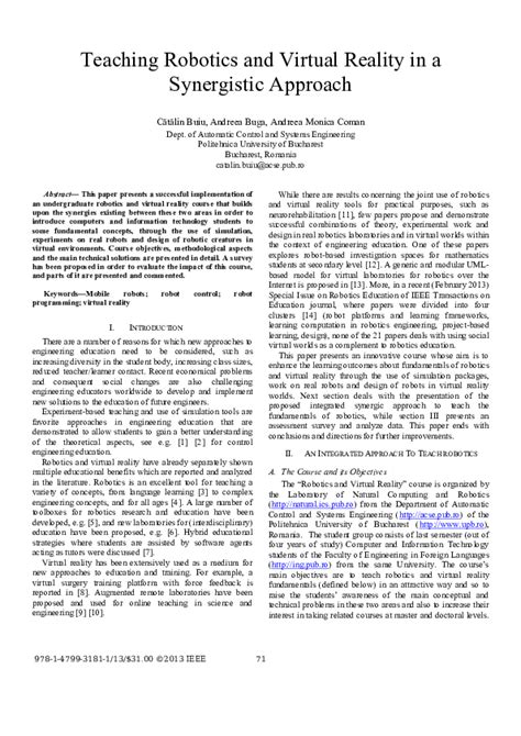 Pdf Teaching Robotics And Virtual Reality In A Synergistic Approach