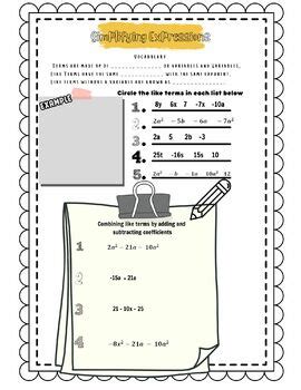Combining Like Terms And Simplifying Expressions Guided Notes TPT
