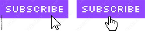 Pixel Art Subscribe Purple Buttons And Cursor Icons Vector Set For Game Streamers Stock Vector
