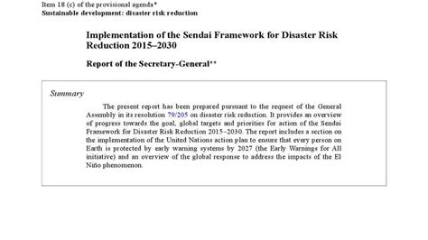 Implementation Of The Sendai Framework For Disaster Risk Reduction 2015 2030 Report Of The