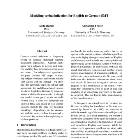 Modeling Verbal Inflection For English To German Smt Acl Anthology