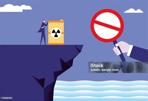 작업자가 유독성 폐기물을 바다로 밀어 환경을 오염시키는 것을 방지하기 위해 금지 표지판을 손에 들고 환경 보호 개념 그림 공기 오염에 대한 스톡 벡터 아트 및 기타 이미지