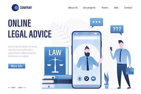 온라인 법률 자문 방문 페이지 템플릿 원격 컨설팅 사업가는 변호사 또는 공증인과의 상담을 위해 휴대 전화를 사용합니다 큰 스마트 폰 사법 및 법률 응용 프로그램 변호사에