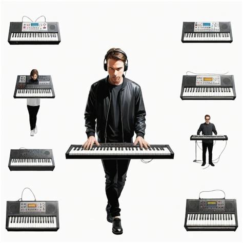 A Man Is Playing A Keyboard With Many Different Keyboards Premium Ai Generated Vector