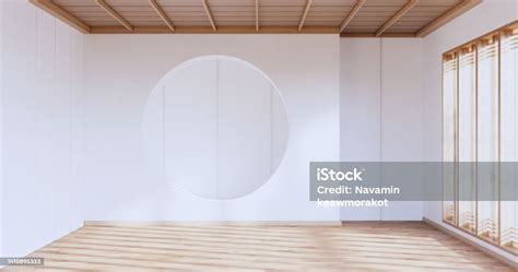 원형 선반 벽 디자인 흰색 빈 방 일본어 Deisgn 다다미 매트 바닥 3d 렌더링 0명에 대한 스톡 사진 및 기타 이미지