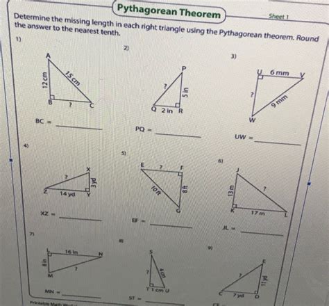Solved Sheet Pythagorean Theorem Determine The Missing Chegg