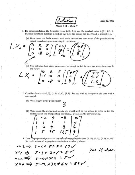 Quiz 7 With Solutions Linear Math Modeling Math 111 Docsity