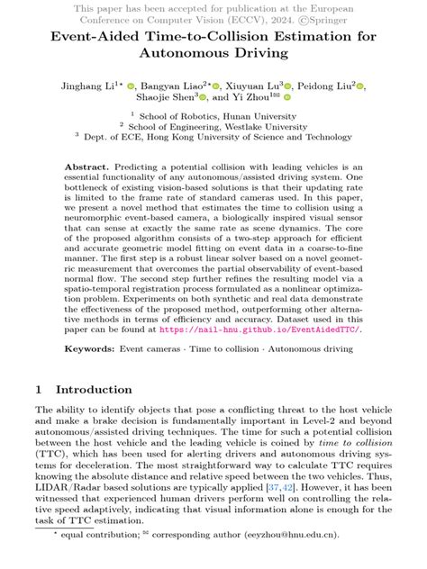 Event Aided Time To Collision Estimation For Autonomous Driving Pdf