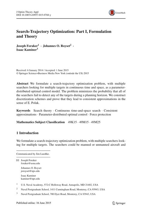 Pdf Search Trajectory Optimization Part I Formulation And Theory