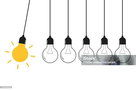 Newtons Cradle Concept With Hanging Light Bulbs On Yellow Background