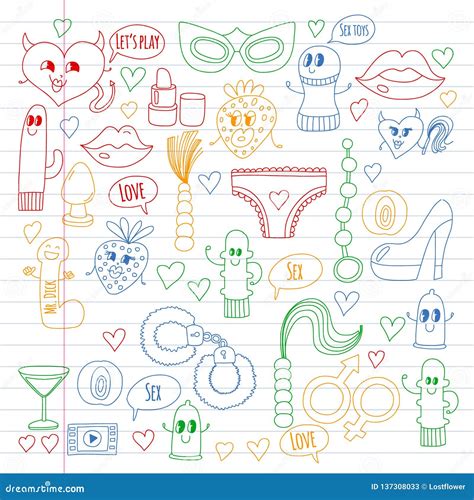 Funny Icons For Sex Shop Cute Cartoon Characters Dildo Strawberry Condom Heart Love And