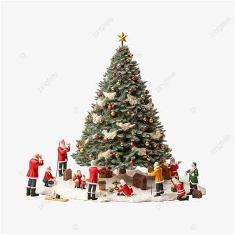 큰 크리스마스 트리 아래 사람들과 함께 있는 작은 사람들 산타클로스 겨울 아이들 눈 나무 겨울 Png 일러스트 및 이미지