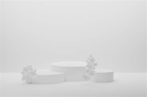 3d 사실적인 연단 배경 흰색 배경에 3 개의 흰색 원통형 연단 세트 장식 모형 3d 렌더링으로 흰색 봄 꽃 여성의 날 무대 용 디스플레이 제품 장면 쇼케이스 꽃 식물에