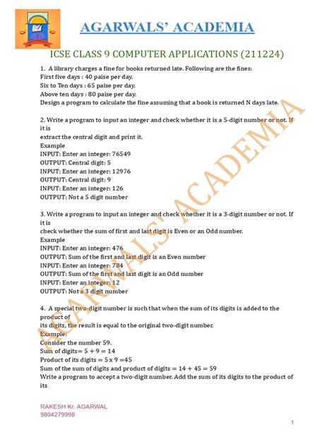 Icse Class 9 Computer Applications Programming Homework Pdf Numbers Mathematics