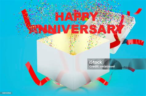 기프트 박스 안에 해피 애니버서리 텍스트 파란색 배경의 3d 렌더링 기념일에 대한 스톡 사진 및 기타 이미지 기념일 낮