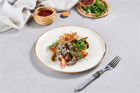 러시아 전통 음식 으깬 감자와 크림 같은 육즙을 곁들인 쇠고기 스트로가노프 세라믹 접시에 바삭한 양파를 곁들인 쇠고기