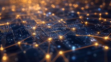 Printed Circuit Board Glowing Showing Data Flowing Through Network Nodes Stock Illustration