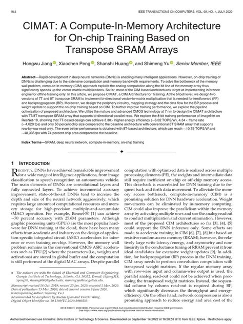 Cimat A Compute In Memory Architecture For On Chip Training Based On Transpose Sram Arrays Pdf