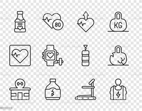 세트 라인 체육관 건물 보디 빌더 하트 비트 증가 스포츠 영양 비타민 심장스마트 시계 러닝 머신 과 깨진 무게 아이콘 벡터 건강