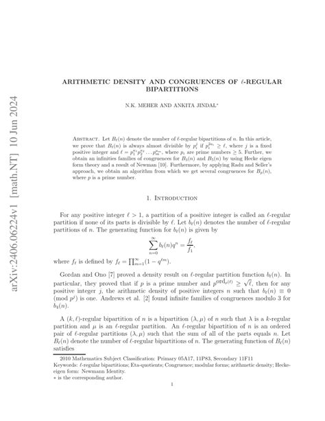 Pdf Arithmetic Density And Congruences Of Ell Regular Bipartitions