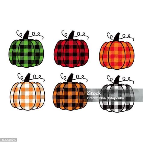할로윈 호박 세트 호박 버팔로 격자 무늬 가을 호박 벡터 일러스트레이션 흰색 배경에 격리 포스터 티셔츠 엽서에 적합합니다 버팔로 체크에 대한 스톡 벡터 아트 및 기타 이미지