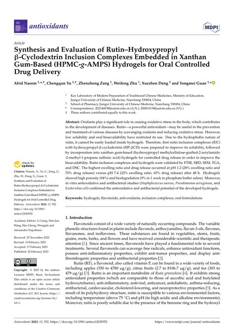 Pdf Synthesis And Evaluation Of Rutin Hydroxypropyl β Cyclodextrin