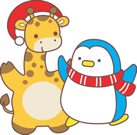 A Giraffe And Penguin Together Set Christmas Stock Illustrations Of