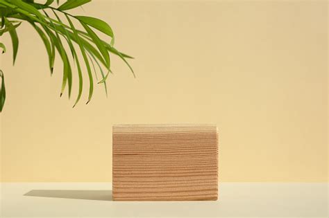 나무 연단 야자수 잎이 있는 베이지색 배경에 받침대 제품 미용 천연 화장품 홍보를 위한 쇼케이스 추상적인 미니멀리즘의 우아한 스튜디오 무대 강단에 대한 스톡 사진 및 기타