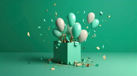 다채로운 생일 폭발로 축하하세요 생생한 녹색 배경에 선물 상자 2번 풍선 및 색종이 조각을 3d 렌더링한 그림 하하 배경 폭발 상자 배경 생일 장식 배경 이미지