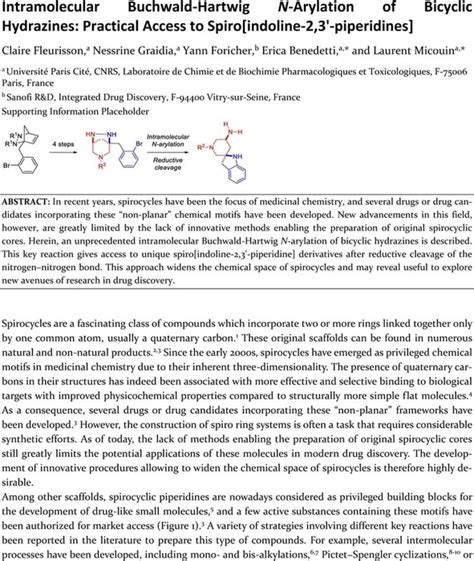 Intramolecular Buchwald Hartwig N Arylation Of Bicyclic Hydrazines Practical Access To Spiro