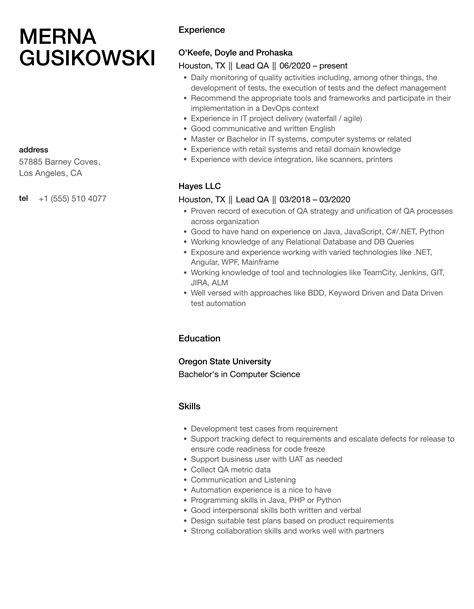 Lead QA Resume Samples Velvet Jobs